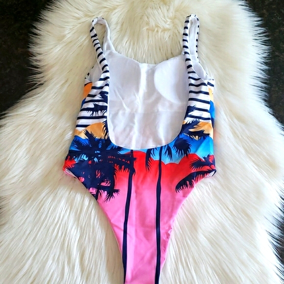 Swim | Palm Tree Striped Open Back One Piece Swimsuit | Poshmark